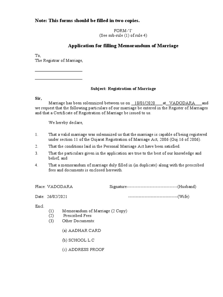 Form For Registration of Marriage | PDF | Marriage | Social Conventions