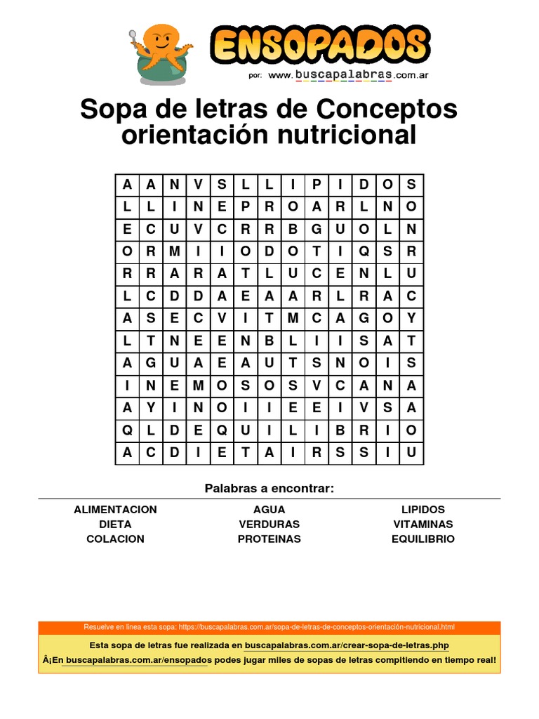 Sopa de Letras de Conceptos Orientación Nutricional | PDF