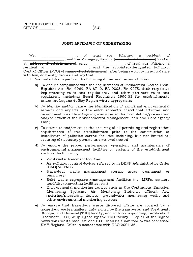 Affidavit of Joint Undertaking | PDF | Waste | Hazardous Waste