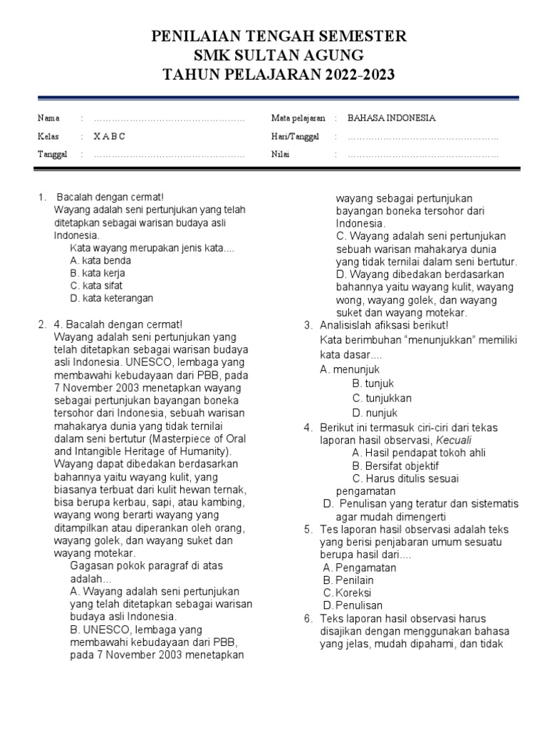PTS Ganjil B. Indo X | PDF
