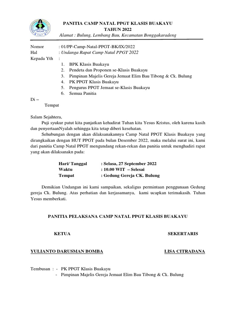 Rapat Camp Natal PPGT Klasis Buakayu 2022 | PDF