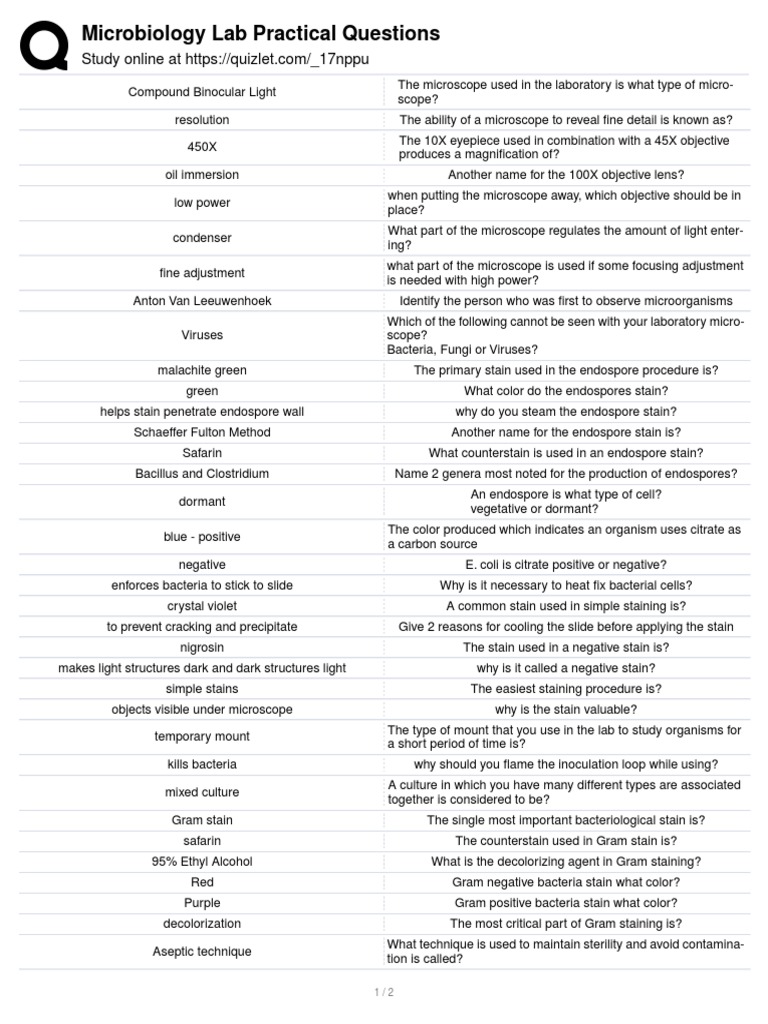 Microbiology Lab Practical Review Questions | PDF | Staining | Bacteria