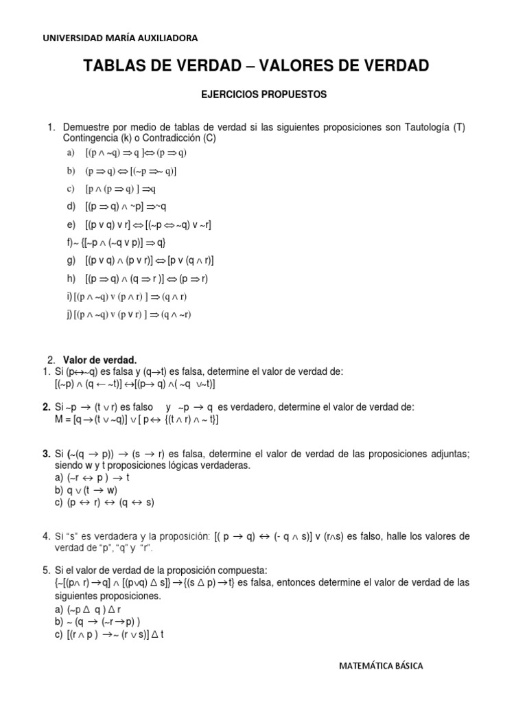Ejercicios Propuestos 2-Tablas de Valores de Verdad | PDF
