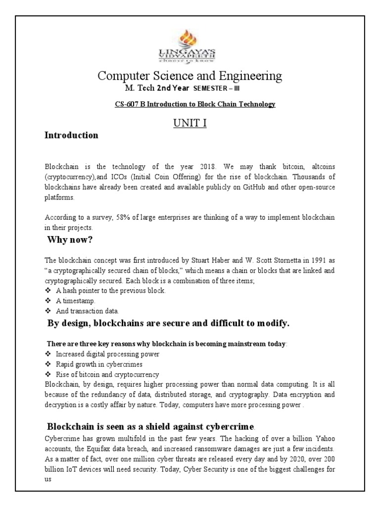 Mtech Cse 3rd Sem Introduction To Block Chain Unit 1 Lecture Notes Pdf Cryptocurrency Bitcoin