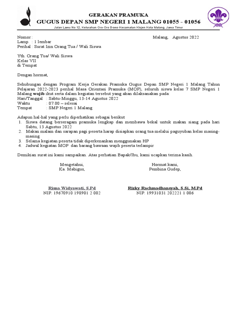 Surat Pemberitahuan Kegiatan Mop P1 | PDF