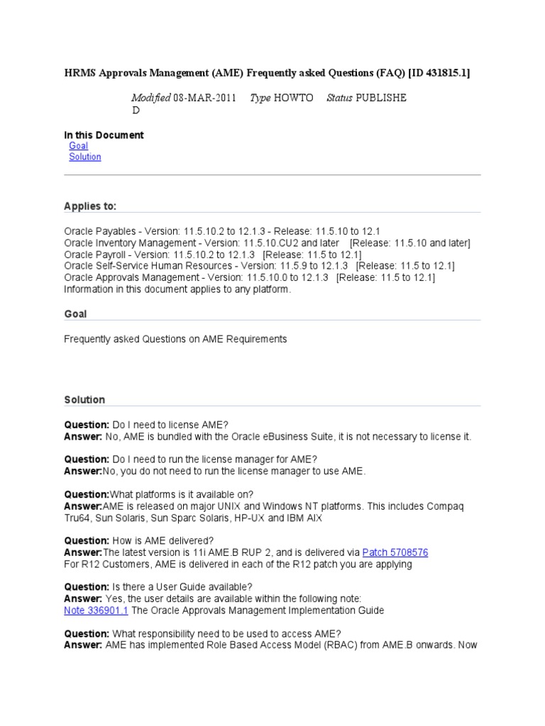HRMS Approvals Management (AME) Frequently Asked Questions (FAQ) (ID 431815.1) | PDF | Boolean ...