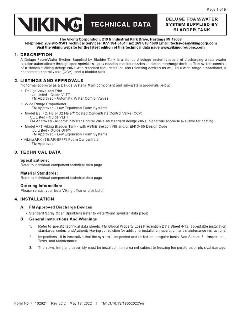 Technical Data: Deluge Foam/Water System Supplied by Bladder Tank | PDF | Valve | Fire Sprinkler ...