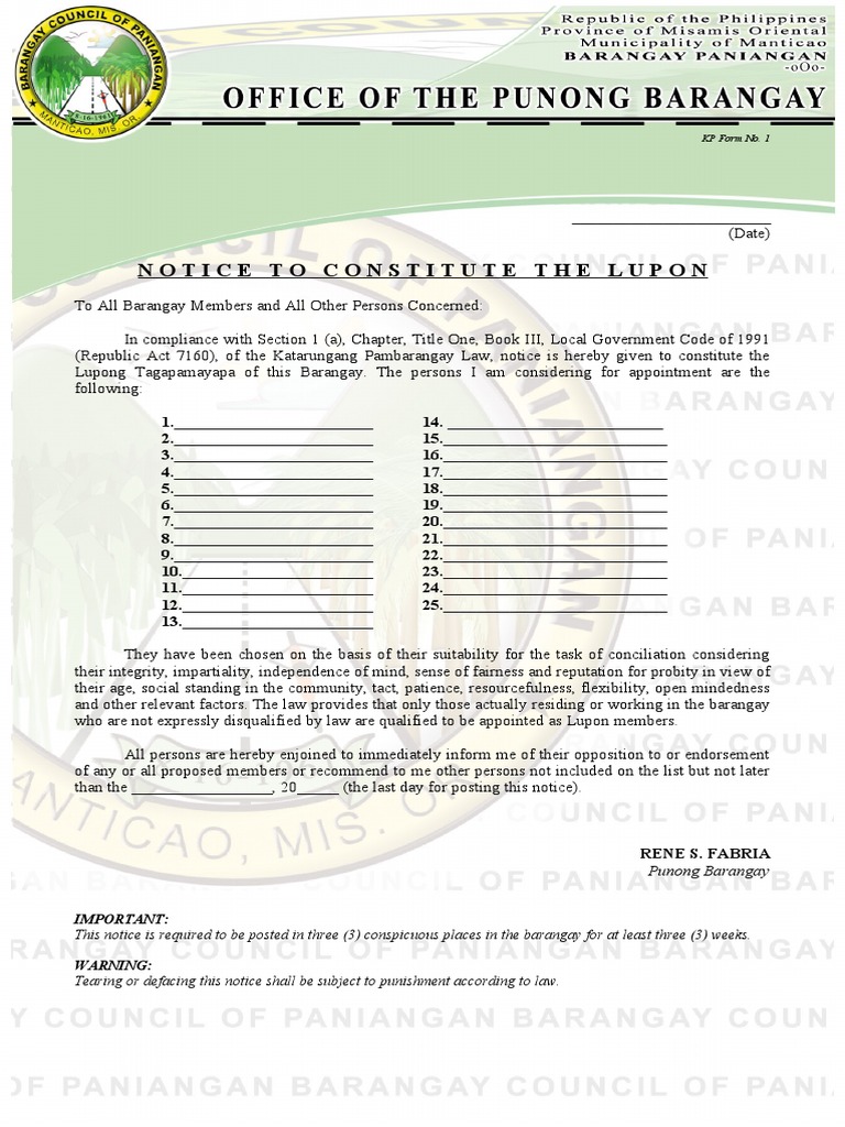 KP Form No. 1 (Notice To Constitute The Lupon) | PDF | Public Law | Justice