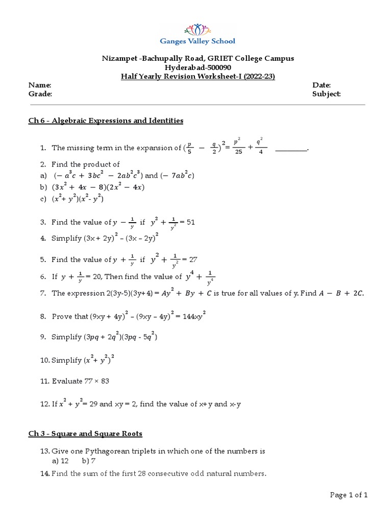 Algebraic Expressions, Square and Square Roots, Cube and Cube Roots ...