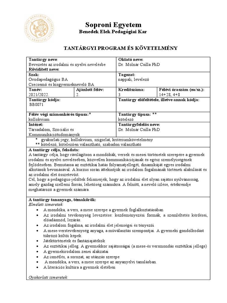 BevezetÃ©s Az Irodalmi Ã©s Nyelvi Nevelã©sbe Tantã¡rgyadatlap 2022 ?SZ ...