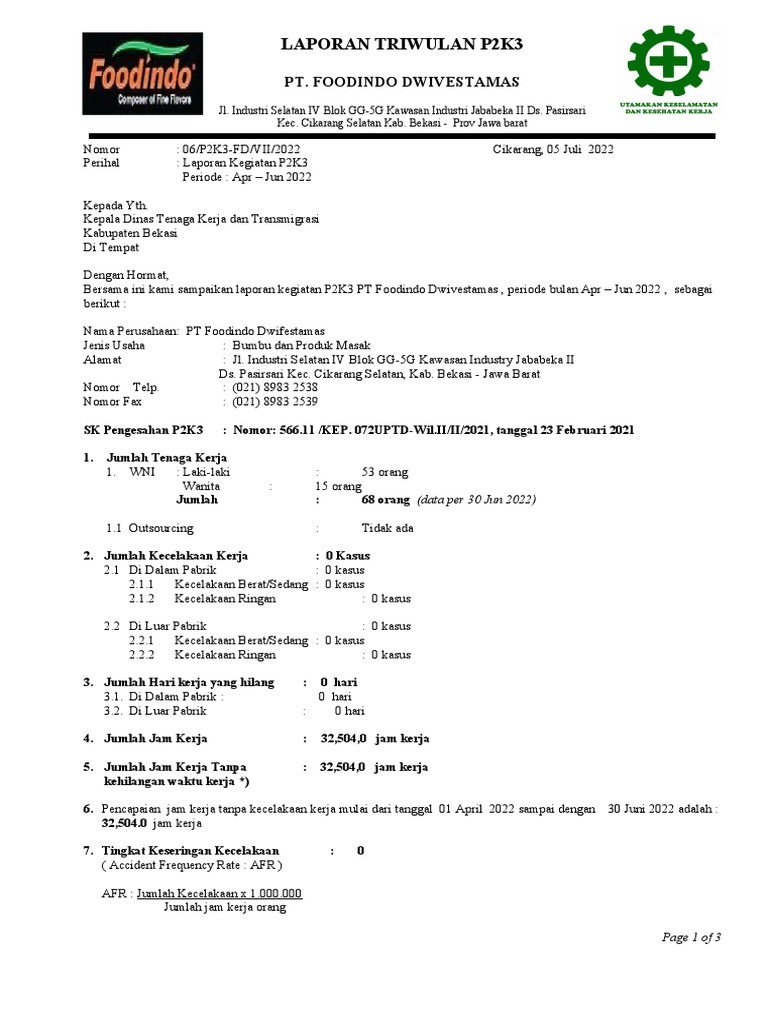 Laporan Kegiatan P2K3 Q2 2022 | PDF