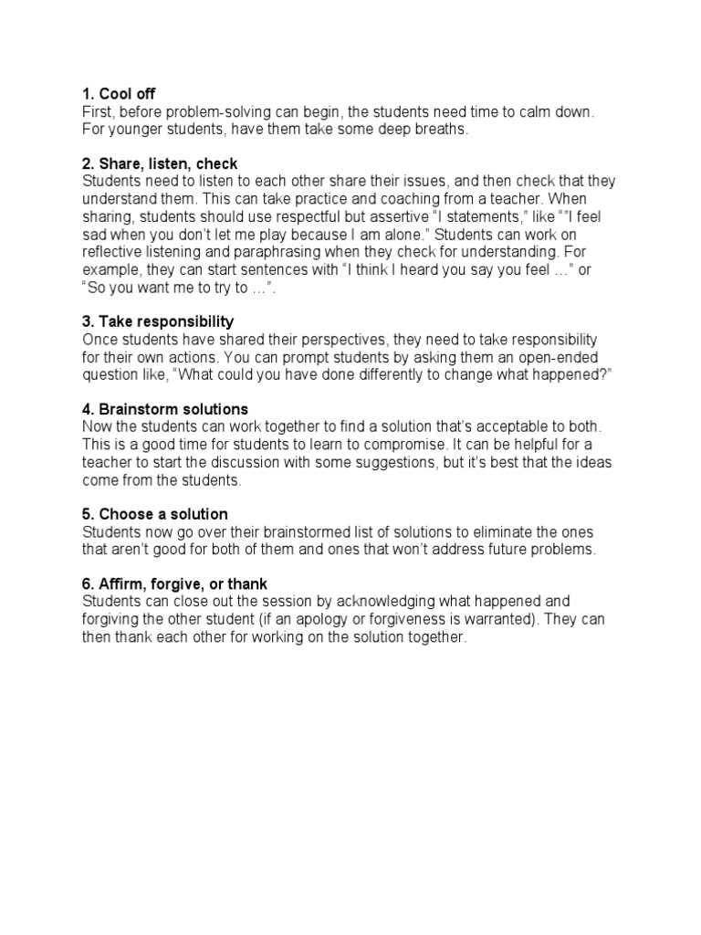 6 Steps To Conflict Resolution For Primary Students | PDF