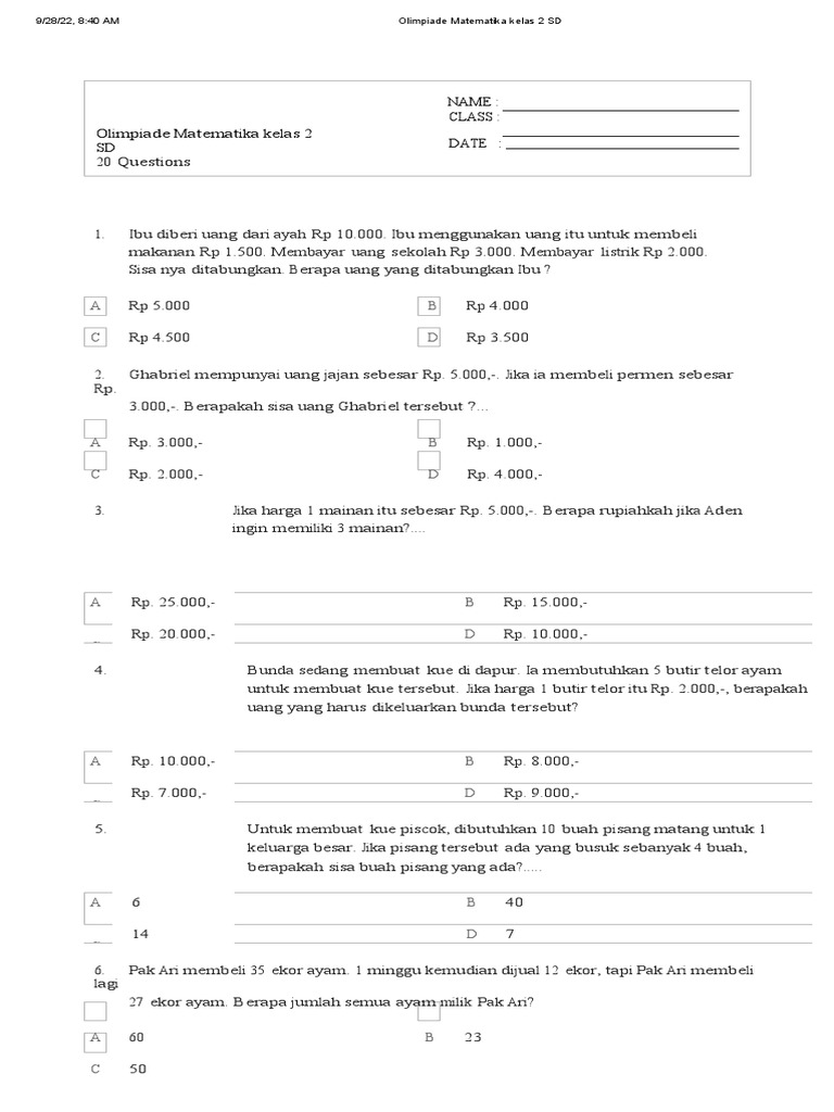 Soal Olimpiade Matematika Kelas 2 SD | PDF