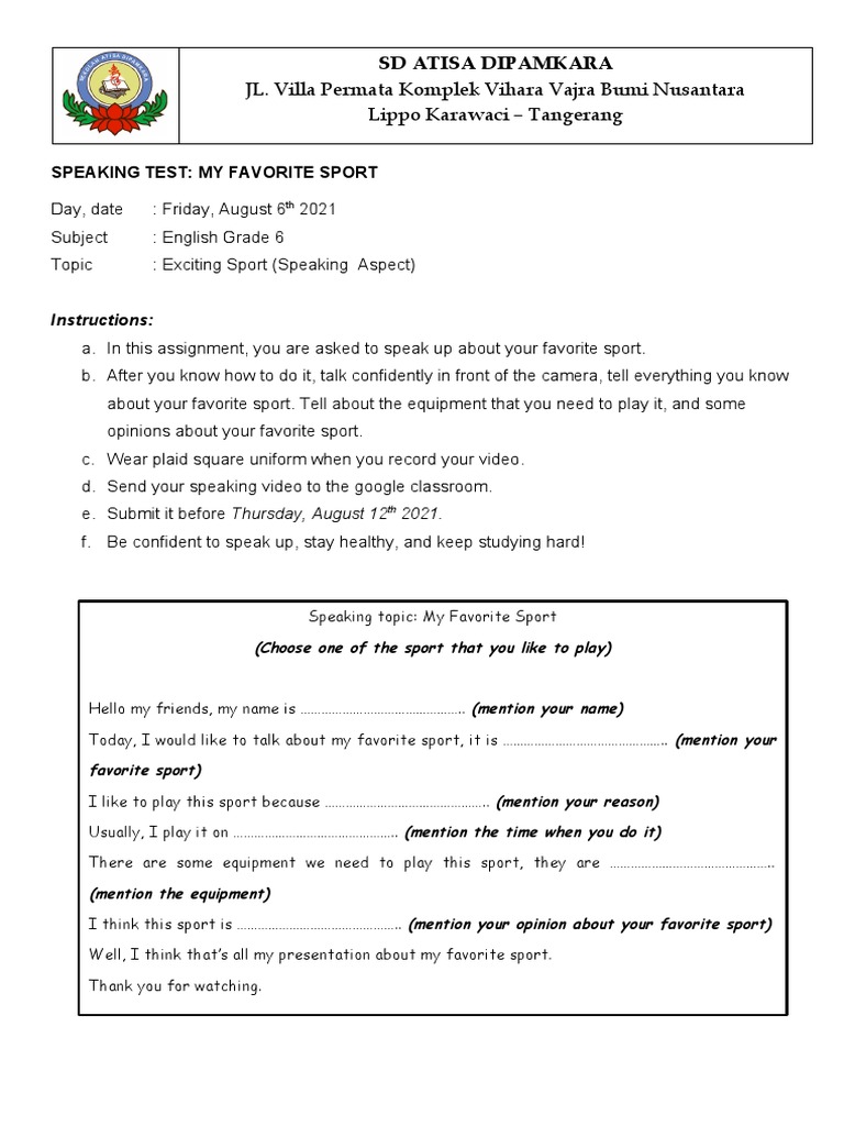 Speaking Test Grade 6 | PDF | Sports & Recreation