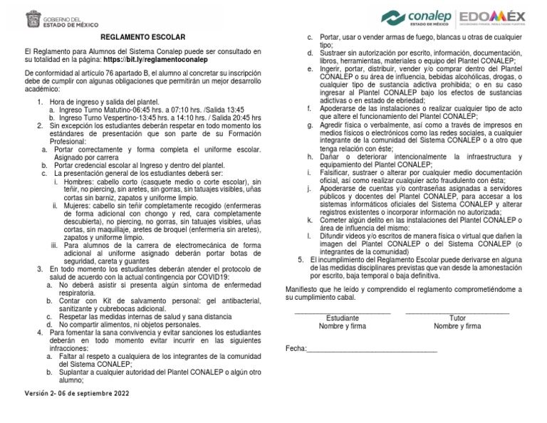 Reglamento Escolar Chalco 1.22.23 | PDF