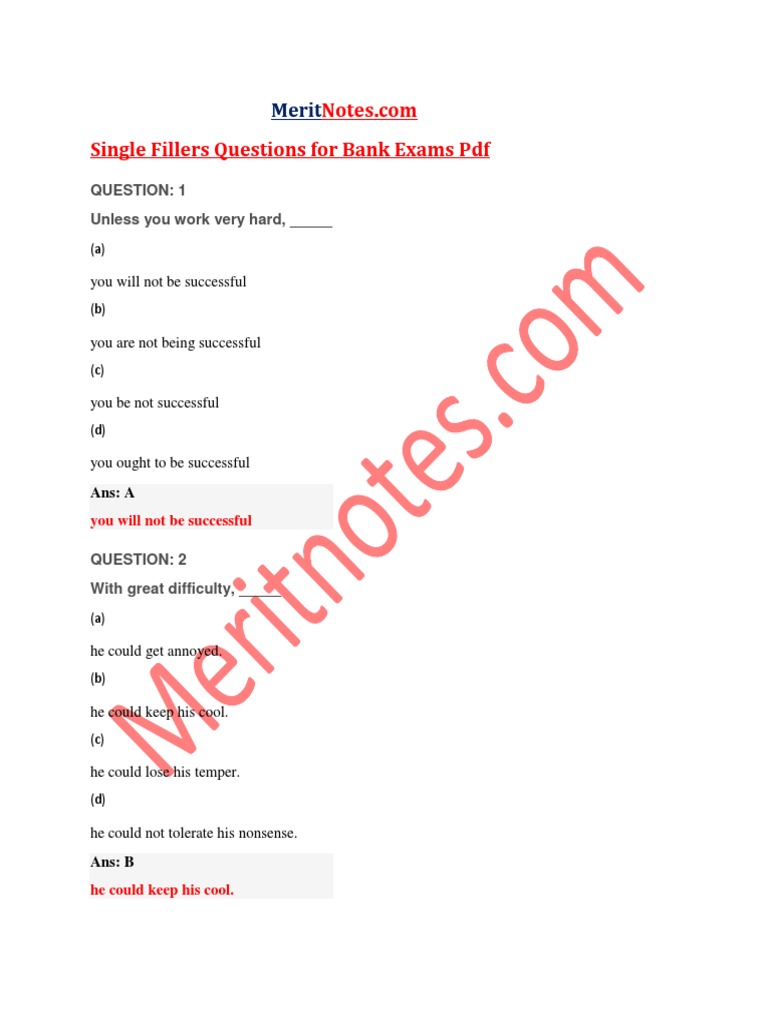 Single Fillers Questions For Bank Exams | PDF