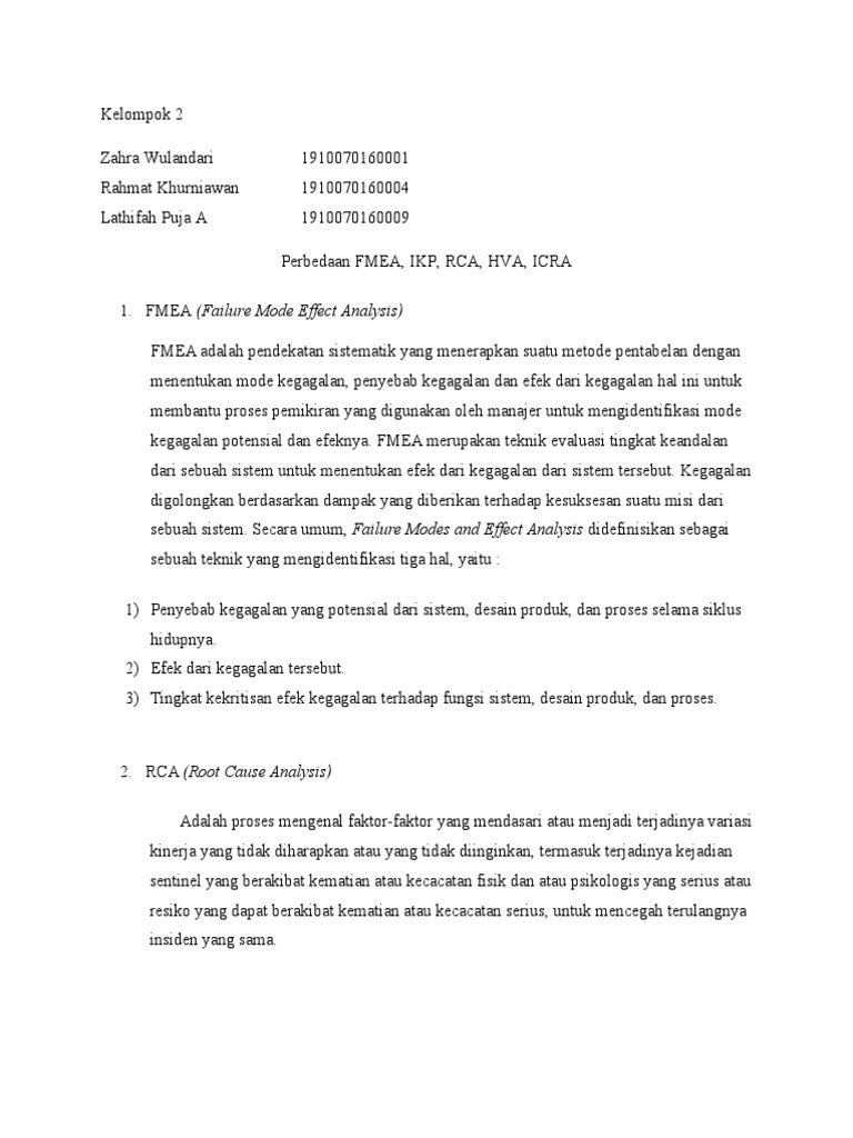 Perbandingan FMEA, RCA, IKP, HVA, ICRA | PDF | Kesehatan Holistik ...