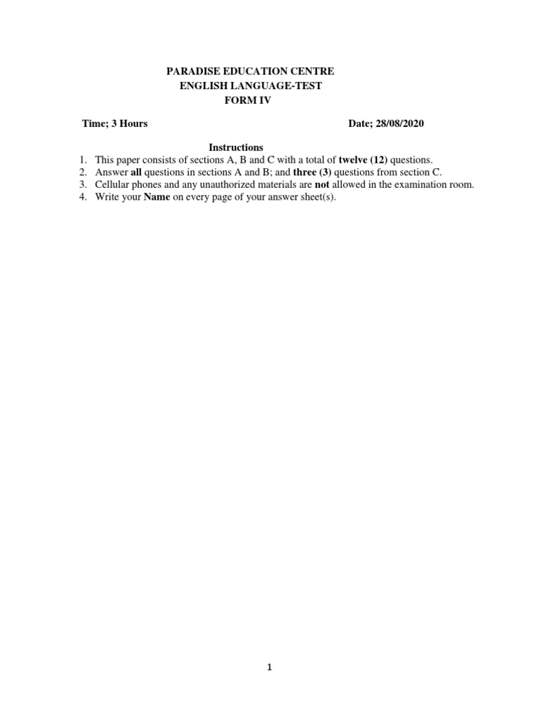 Form IV English Language Test Paper | PDF | Ellipsis