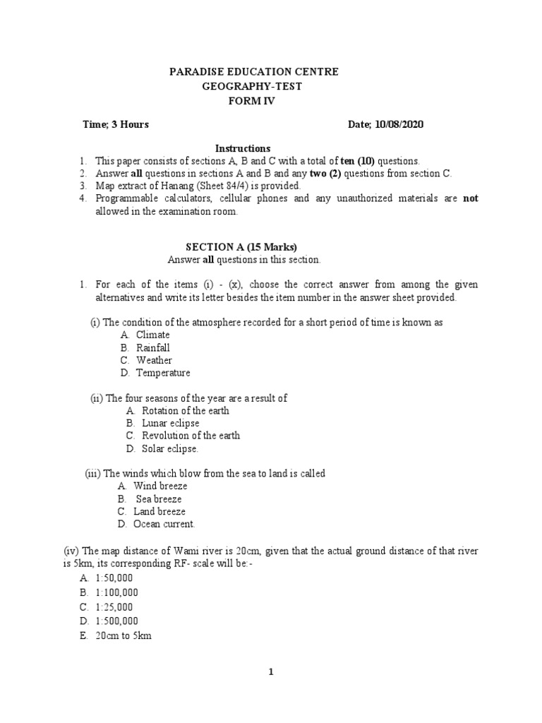 Geography Form IV Test Paper 2020 | PDF | Earth | Apsis