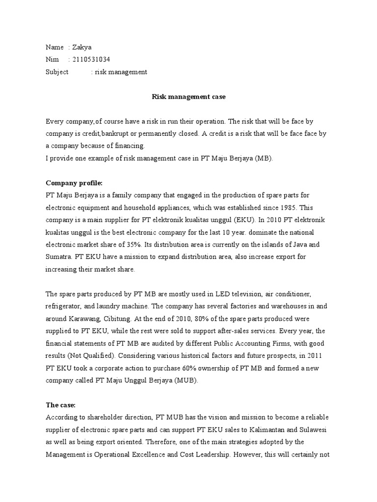 Risk Management Case Study: PT Maju Berjaya | PDF | Audit | Internal Audit
