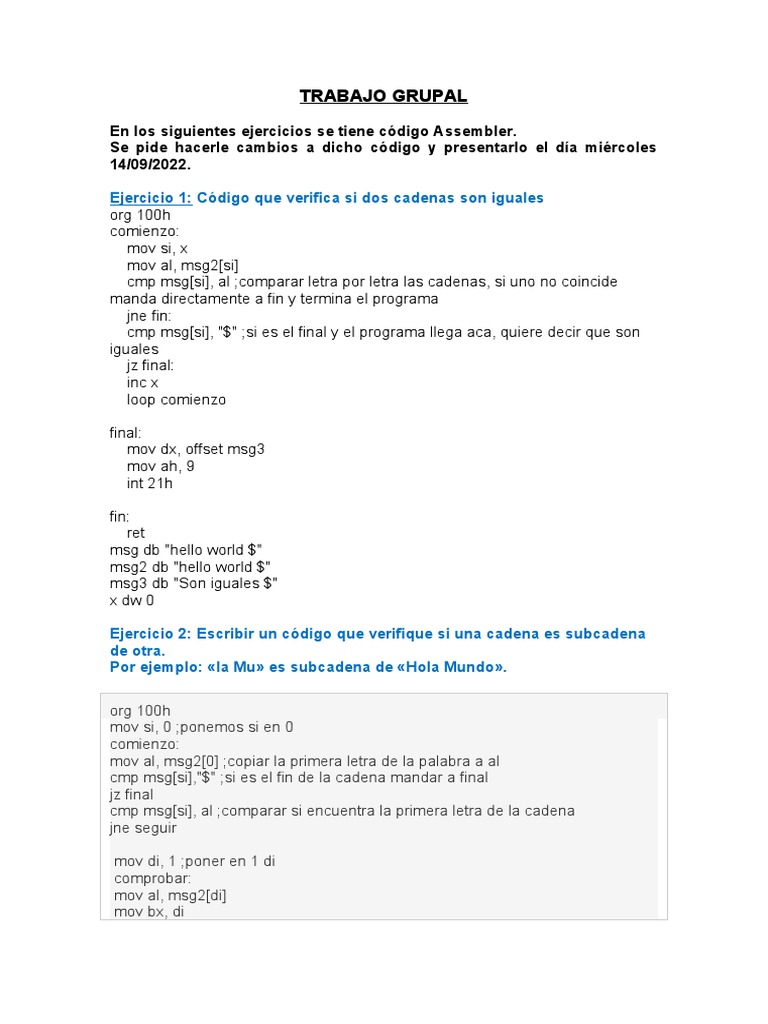 Trabajo Grupal - Ejercicios para EMU8086 | PDF | Software | Equipo de oficina