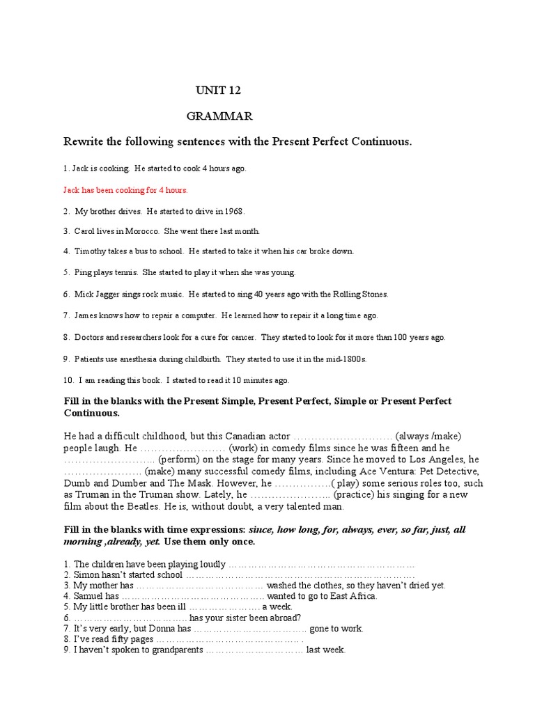 Unit 12 Grammar Rewrite The Following Sentences With The Present ...