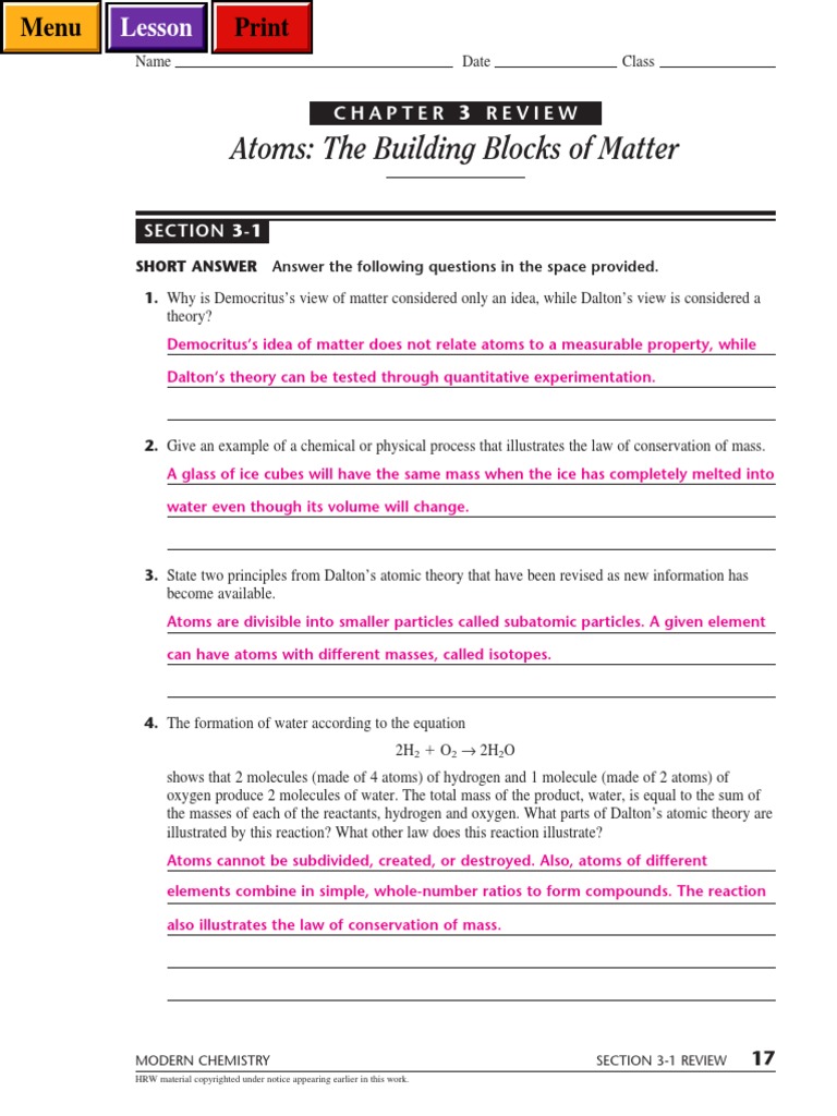 Atoms: The Building Blocks of Matter: Chapter 3 Review | PDF | Atoms ...