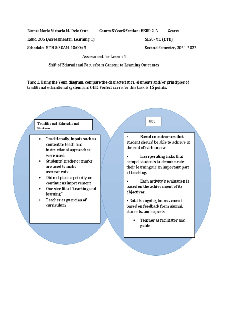 Assessment For Lesson 1, Educ 206, Dela Cruz, Maria Victoria M. Beed 2 ...