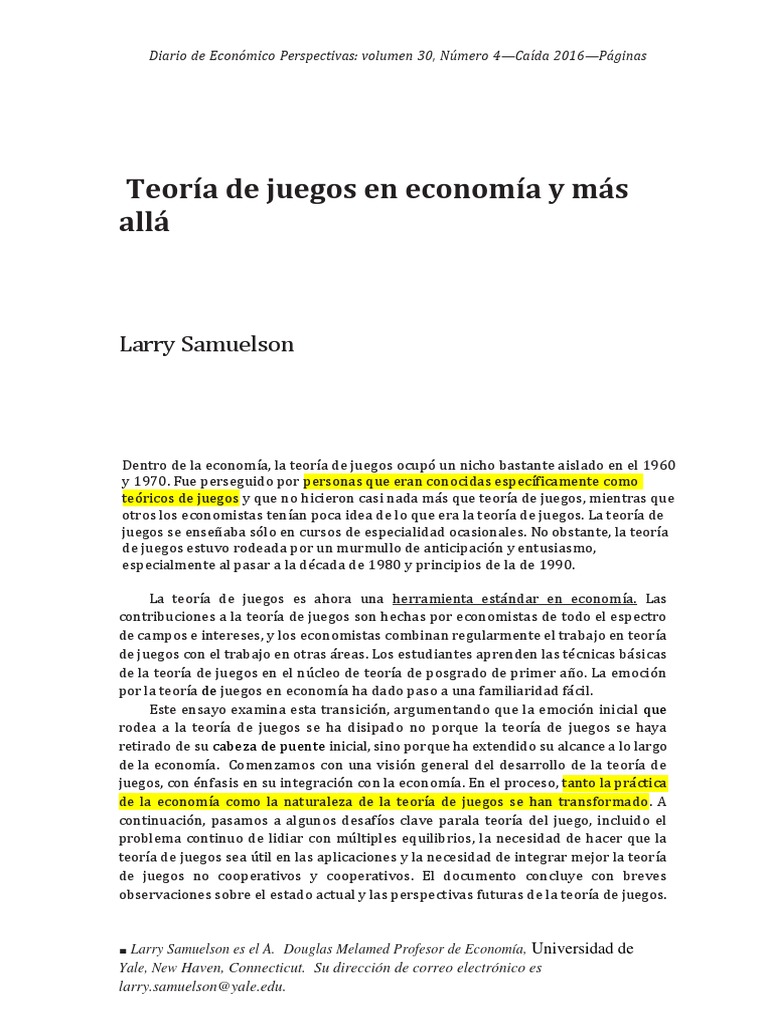 Samuelson - Game Theory in Economics and Beyond - Español | PDF ...