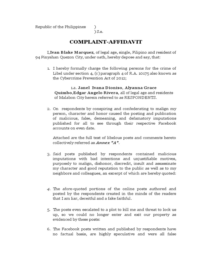 Official Affidavit Complaint Cyberlibel | PDF | Defamation | Affidavit