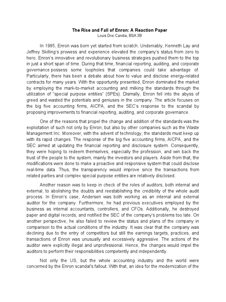 The Rise and Fall of Enron Reaction Paper | PDF | Financial Audit ...