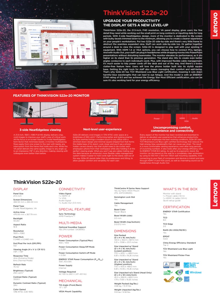 ThinkVision S22e-20 - Datasheet - EN | PDF | Usb | Computer Monitor