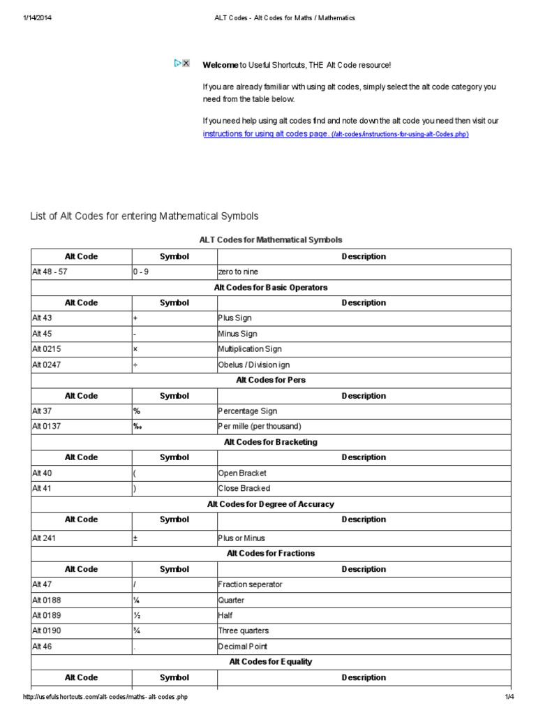 ALT Codes - Alt Codes For Maths - Mathematics | PDF | Square Root ...