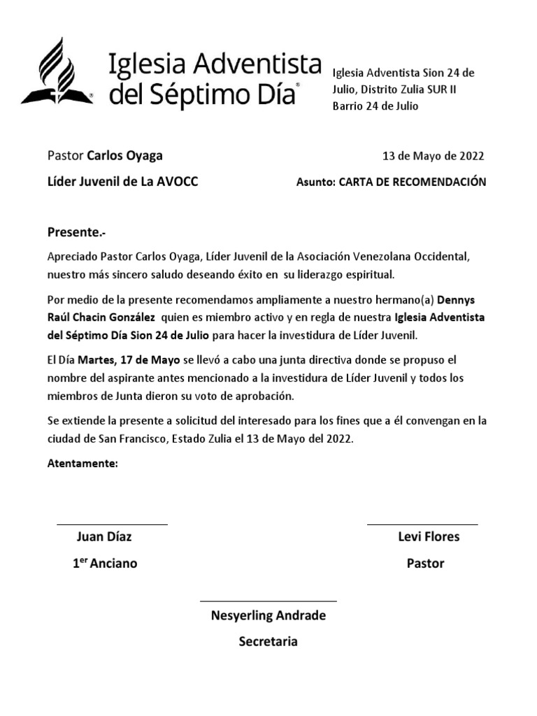 Iglesia Adventista Sion 24 de Julio Carta de Recomendacion-1 | PDF