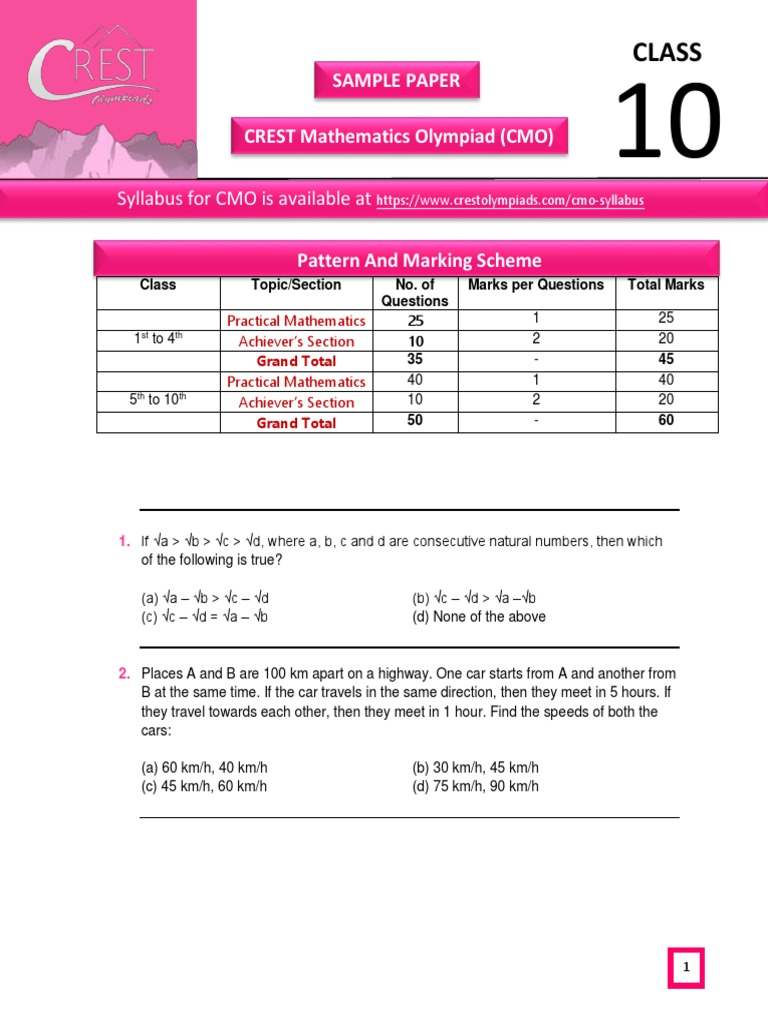 CMO Sample Papers For Class 10 | PDF | Triangle | Mathematics