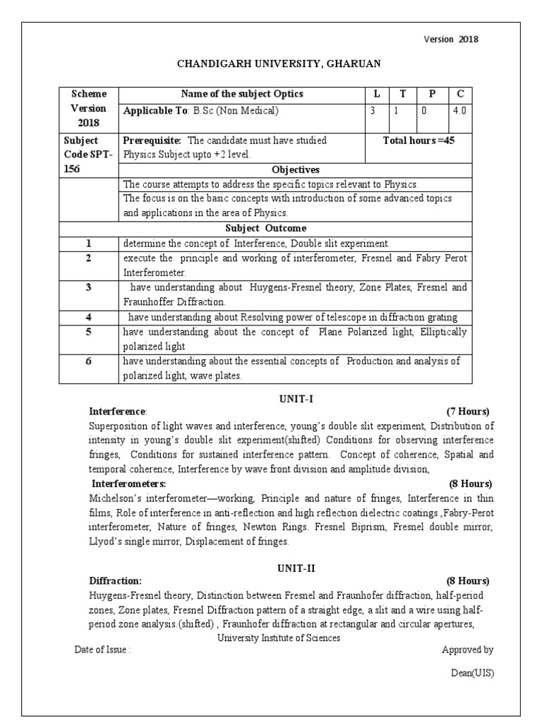Optics Syllabus | PDF | Interferometry | Diffraction