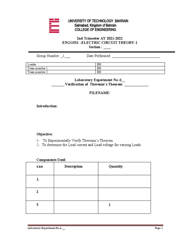 Verification of Thevenin's Theorem Lab Report | PDF | Electrical Network | Electrical Engineering