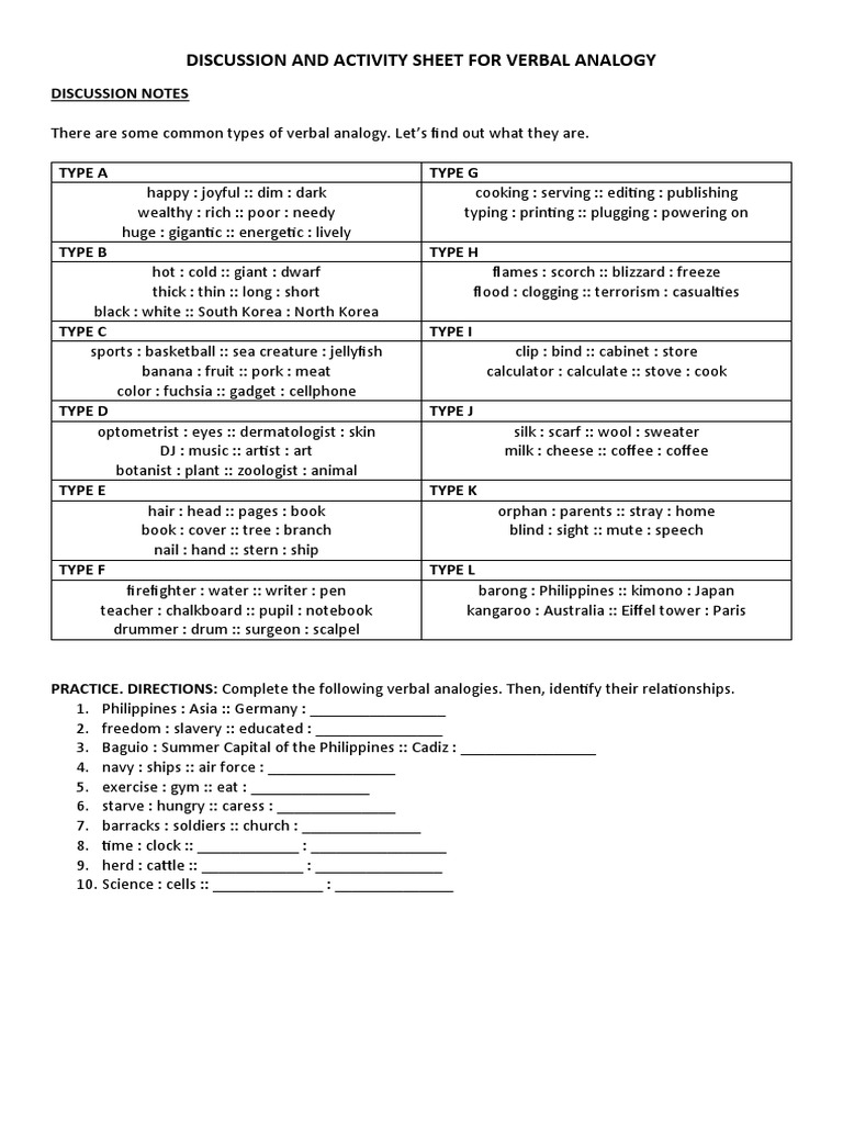 Discussion Sheet On Verbal Analogy | PDF