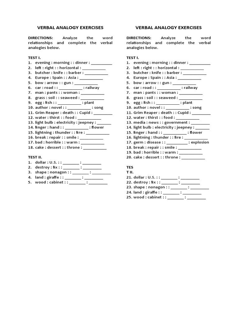 Verbal Analogy Exercises Version 2 | PDF