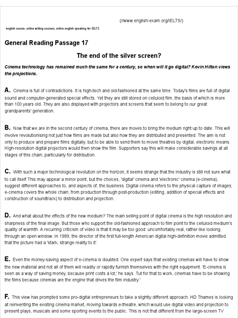 IELTS Reading Sample (General) 7 | PDF | Movie Theater | Film And Video ...