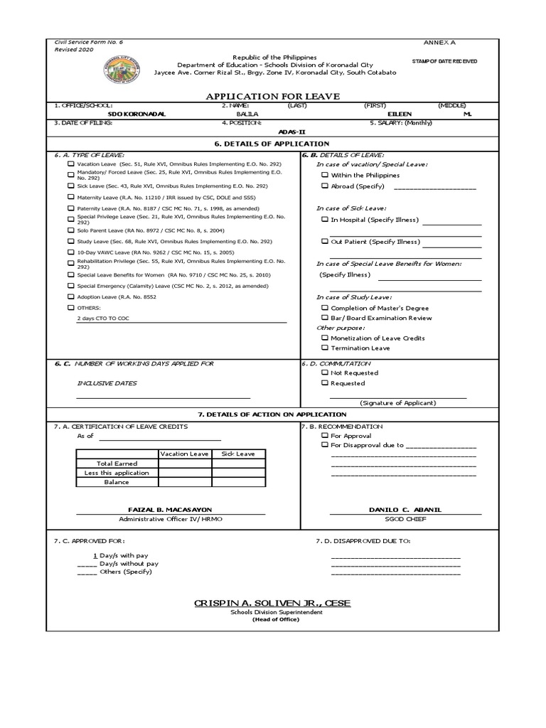Form 6. Leave Form Revised 2020-1-1 | PDF | Government | Justice