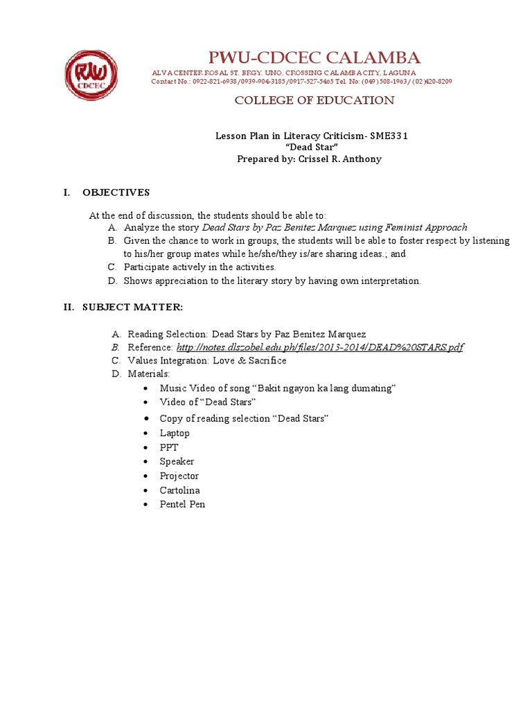 Anthony Crissel-Detailed Lesson Plan-Dead Stars-English 10 | PDF