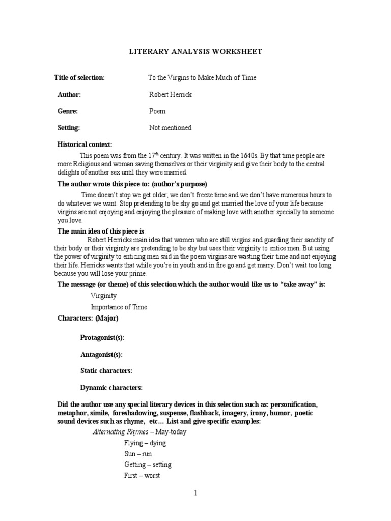 4.Prelim-Literary Criticism Activity 1 - To The Virgins To Make of Time ...