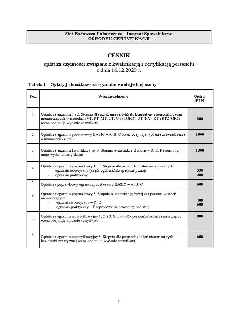 2021 Cennik ndt-1 | PDF