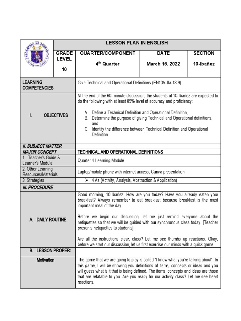 KENOH Lesson Plan in English 10 Technical Operational Definition | PDF ... KENOH Lesson Plan in English 10 Technical Operational Definition | PDF ...