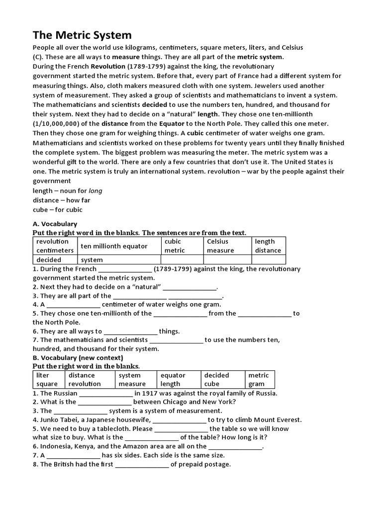 The Metric System 1 | PDF | Verb | Metre