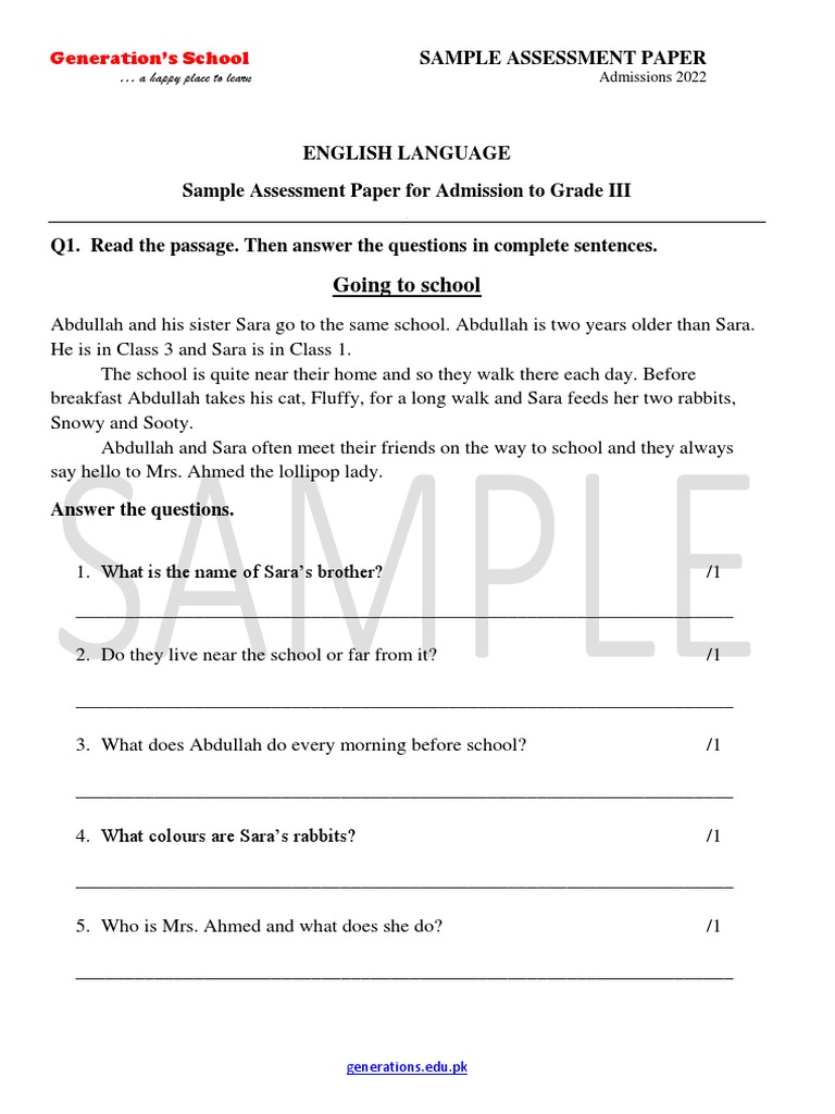 Sample Assessment Paper Grade III 2022 | PDF