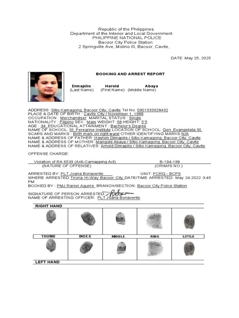 Bacoor Police Booking Report: Harold Dimapilis | PDF
