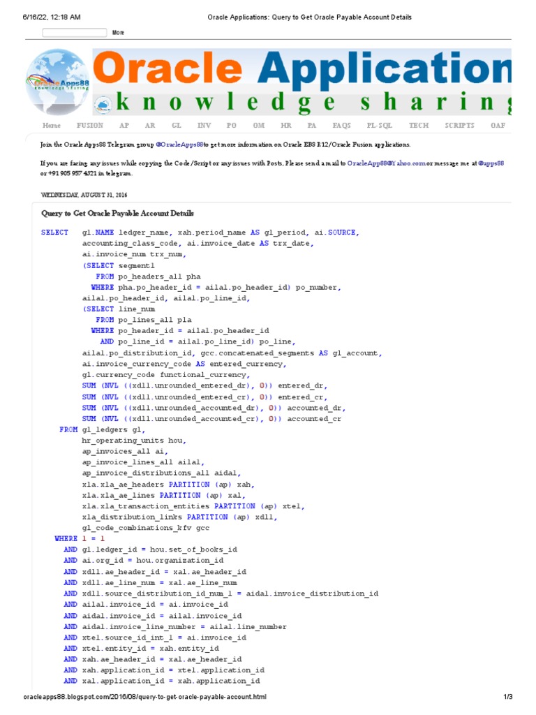 Oracle Applications - Query To Get Oracle Payable Account Details | PDF ...