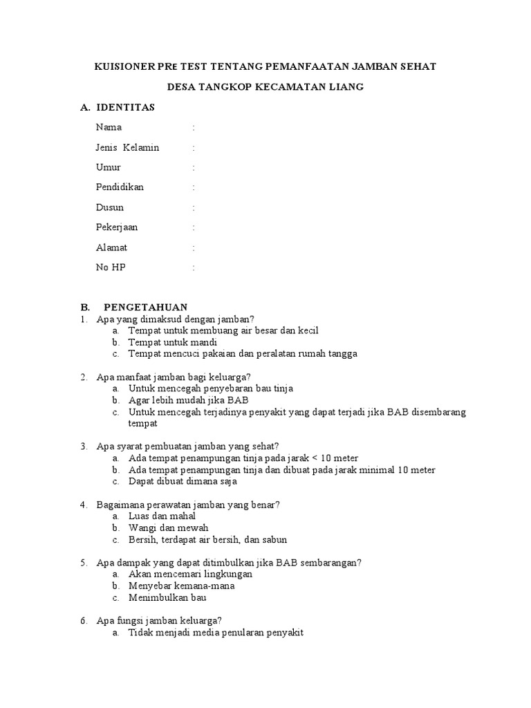 Kuisioner Pre Test Jamban Sehat | PDF | Gaya Hidup